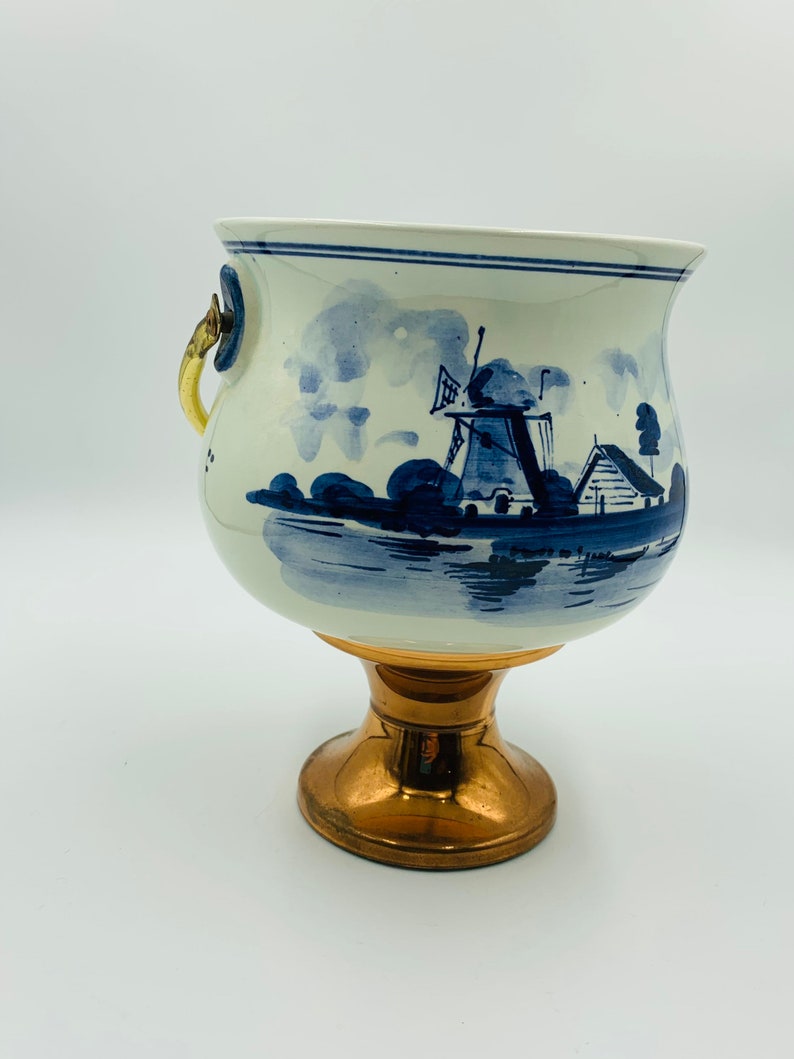 Vintage Round Delft Blue Planter, Hand Painted, Solid Brass and Copper ...