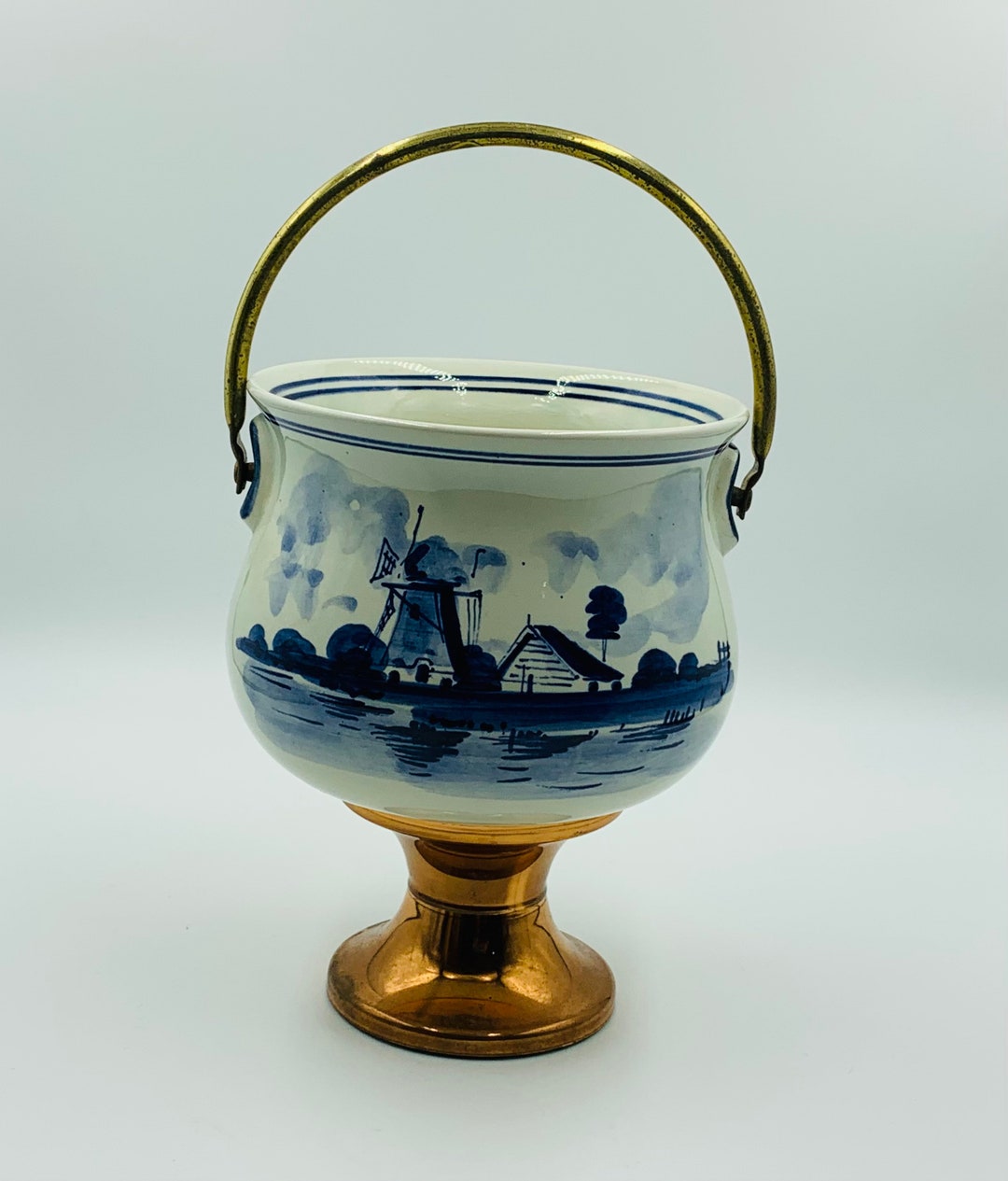 Vintage Round Delft Blue Planter, Hand Painted, Solid Brass and Copper ...