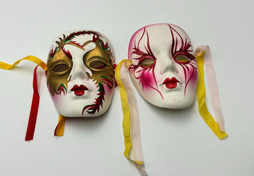 Vintage Carnival Masks, Set of 2, Mardi Gras Masks, Wall Hanging, Hand ...