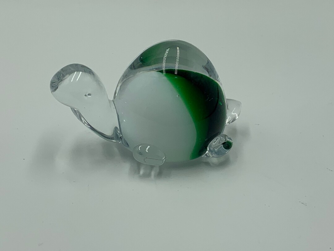Art Glass Turtle Paperweight, Turtle Figurine, Green and White Design ...