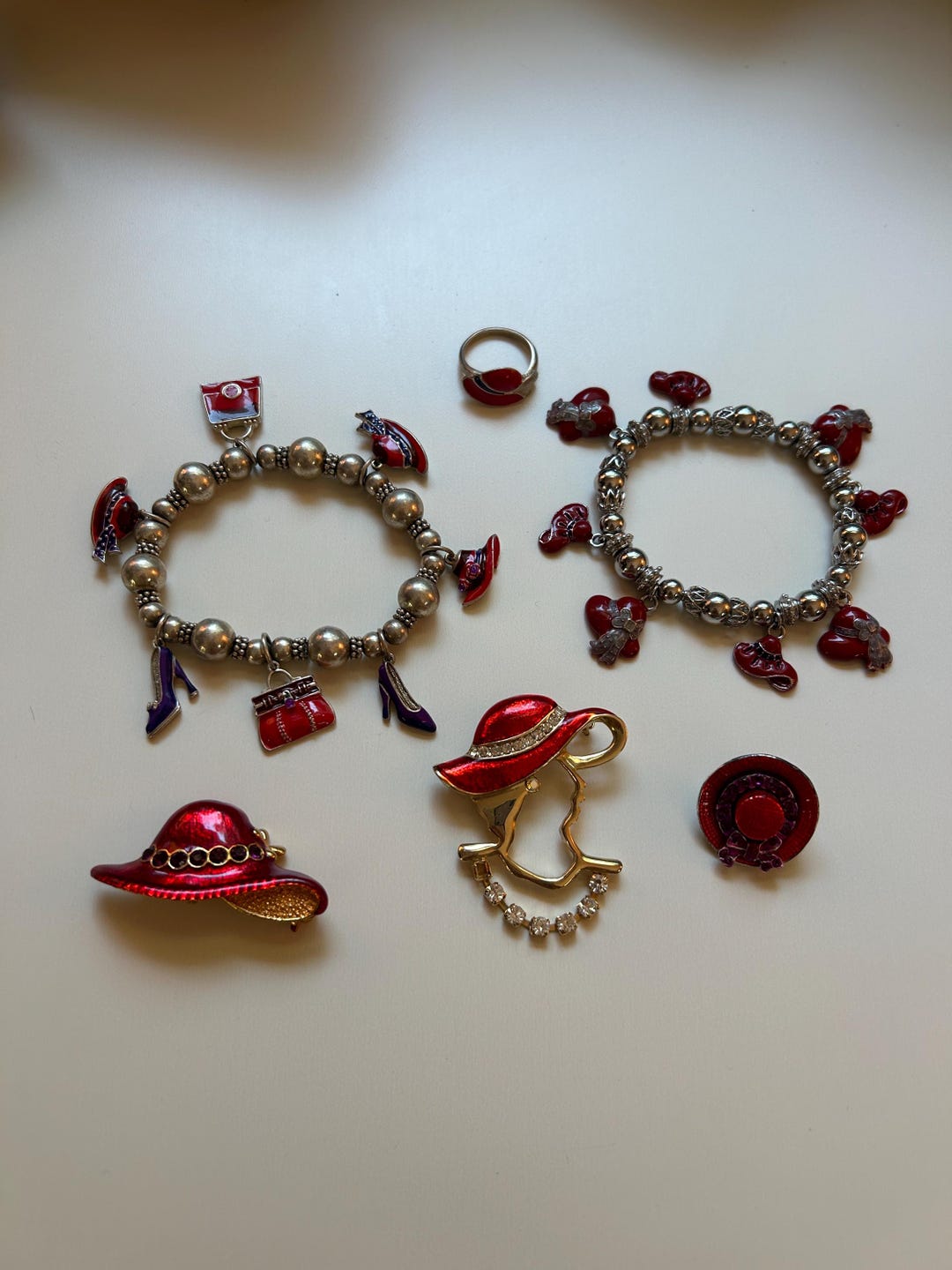 Collectable Red Hat Lady Society Lot of Brooches, Bracelets, and a 925 ...