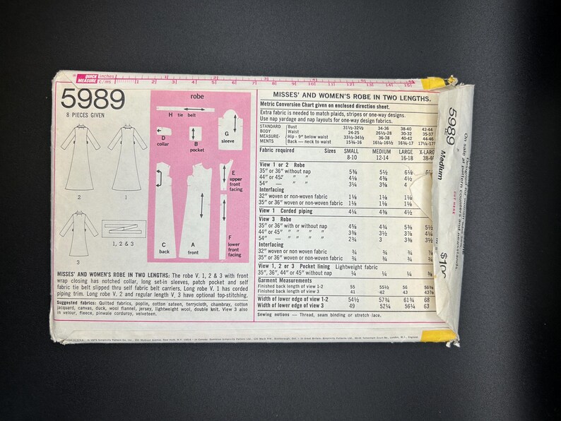 Vintage 1973 Simplicity Sewing Pattern Robe in Two Lengths Complete Set ...