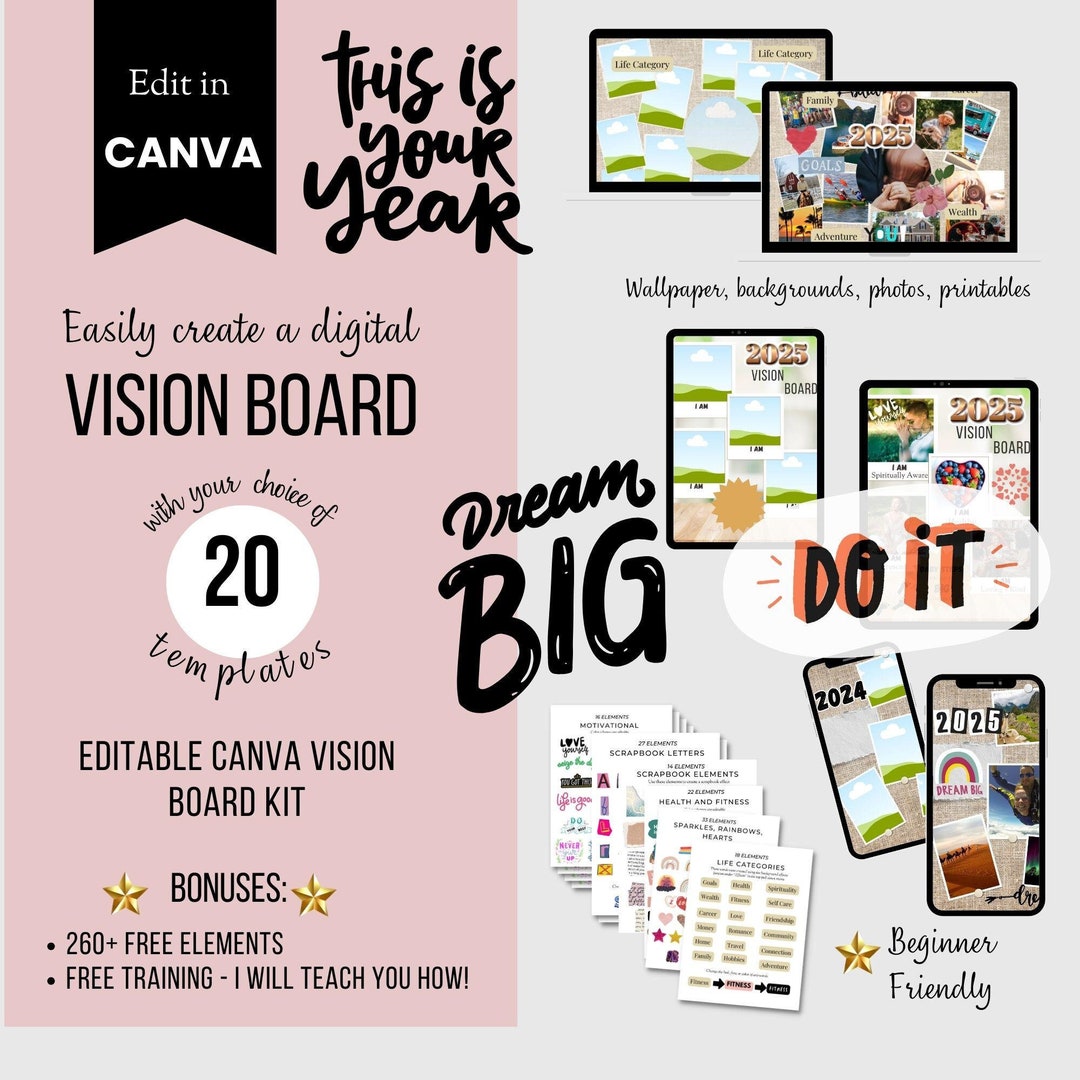 Digital Vision Board Template Canva | 2025 Vision Board | Editable Drag ...