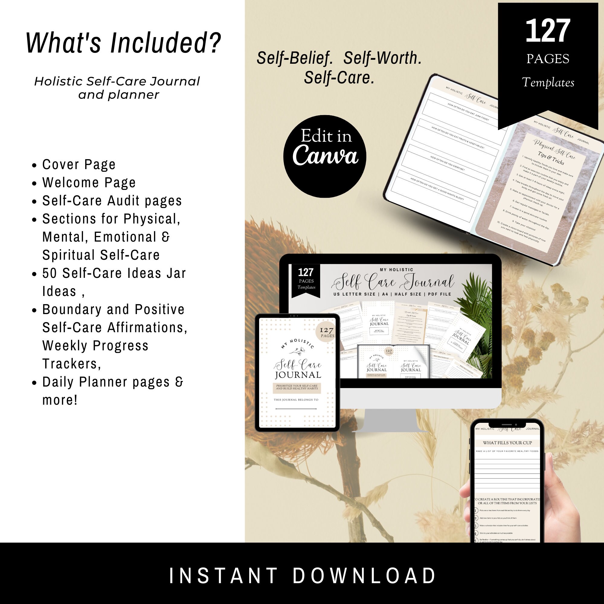Self Care Journal Editable Templates Wellness Planner self Care Planner ...
