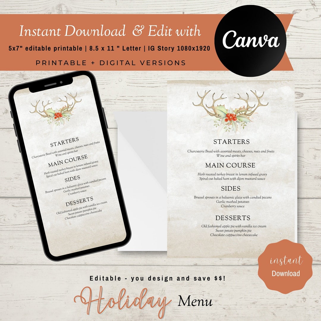 Antlers Thanksgiving Dinner Menu Template |printable Menu | Holiday ...