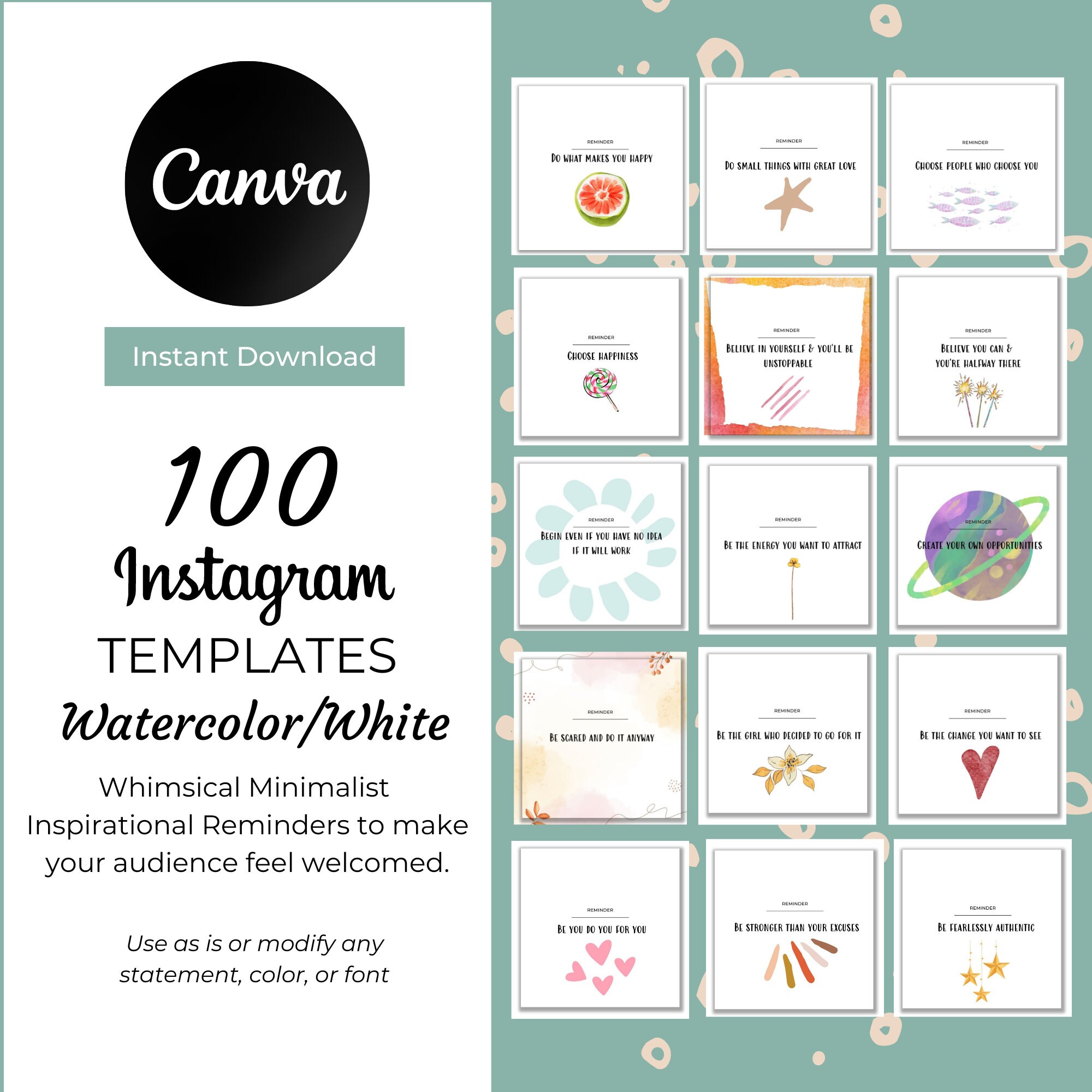 100 Instagram Post Templates | INSTANT DOWNLOAD | Editable in Canva ...