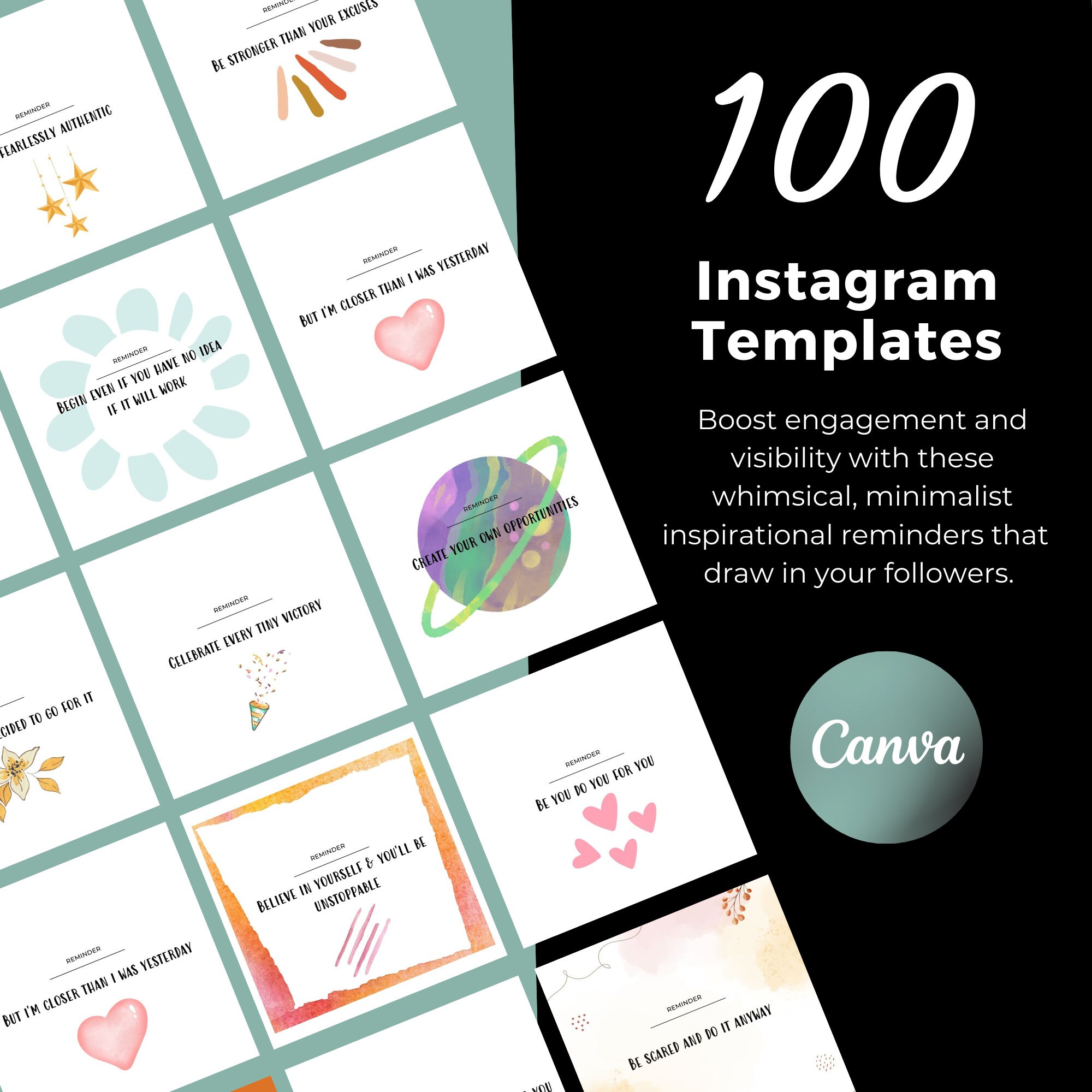 100 Instagram Post Templates | INSTANT DOWNLOAD | Editable in Canva ...