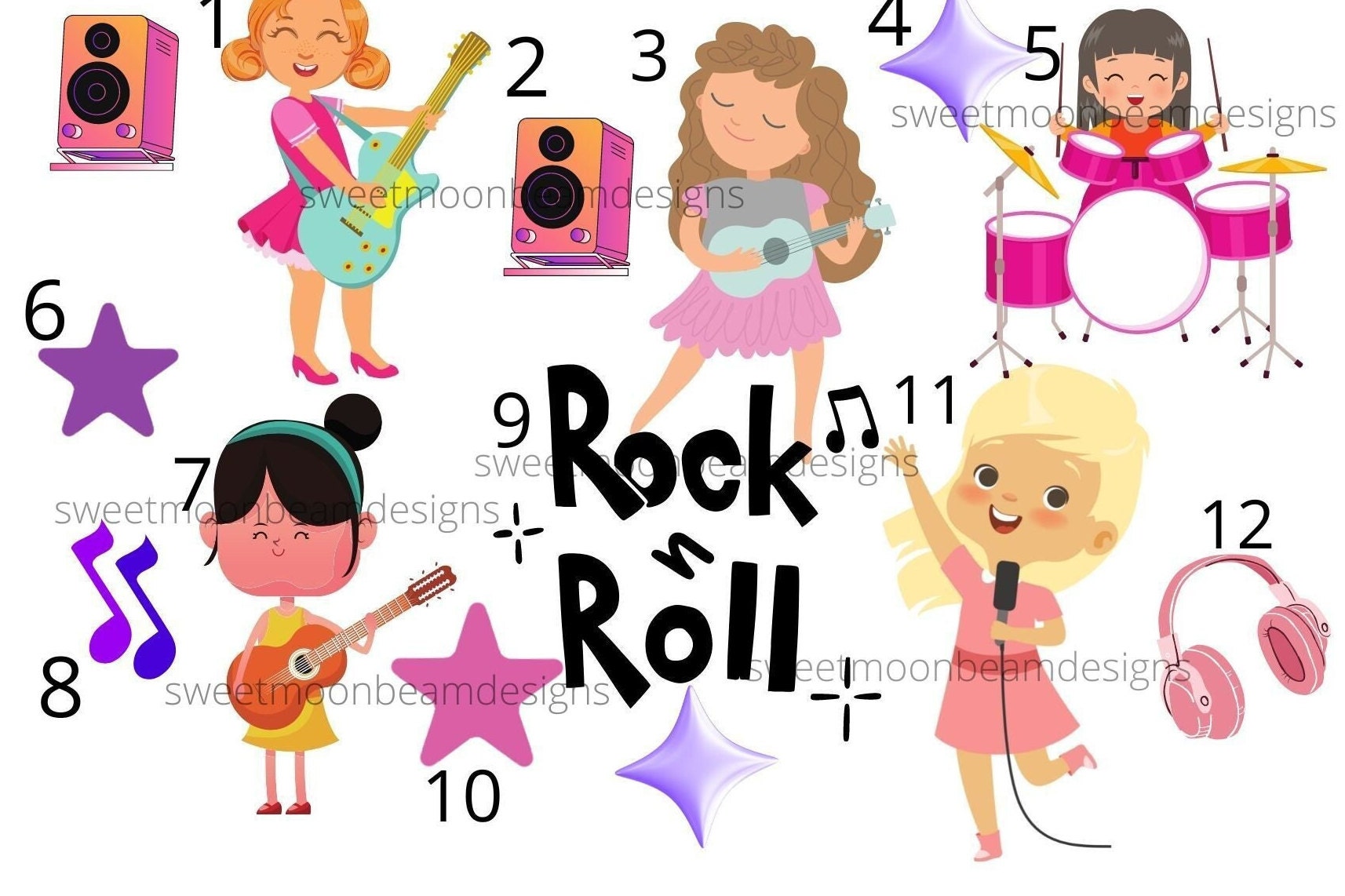 Rock N Roll Girls Band Clipart PNG Cricut Music Party Birthday Template ...
