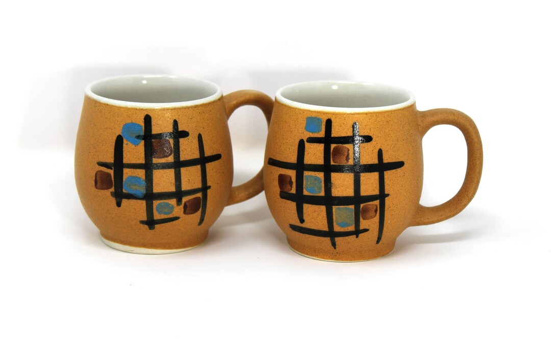 2 Mid-century Modern Style Hand-painted Ceramic Mugs; Mustard Gold With ...