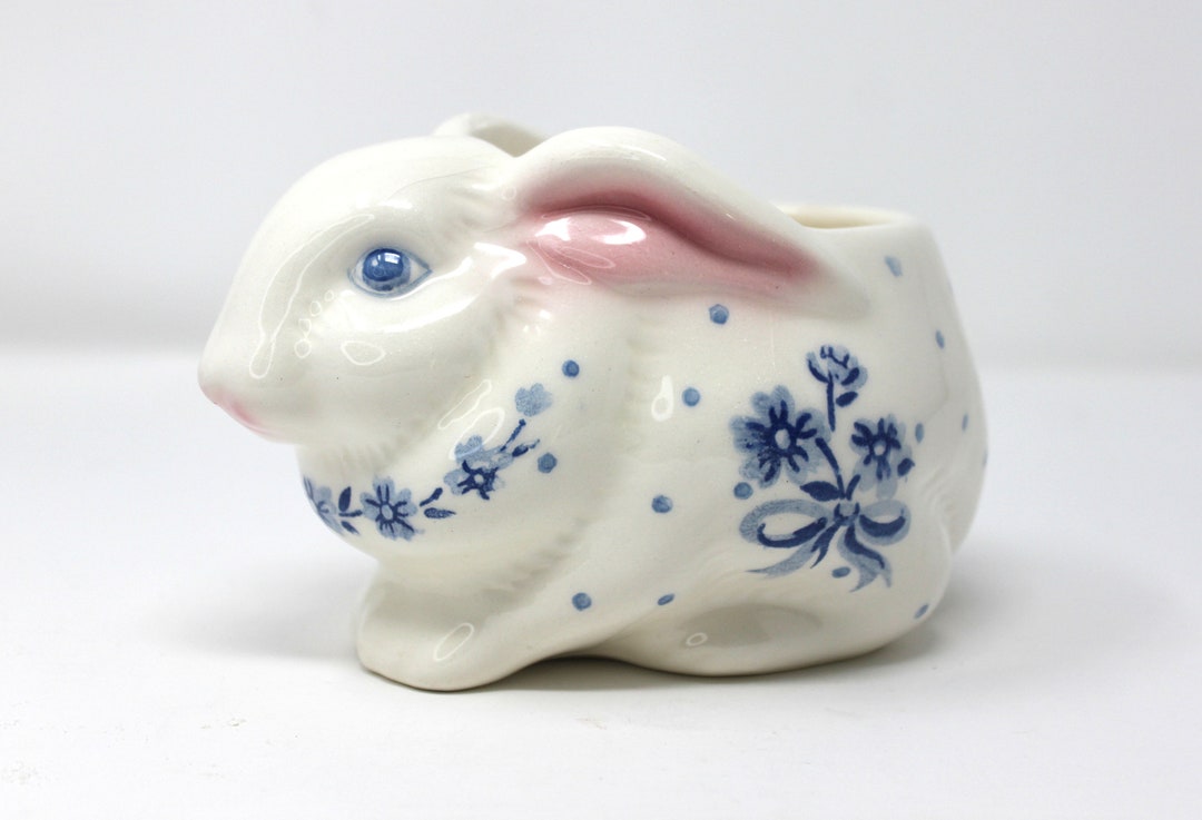 Vintage Ceramic Bunny Planter With Pink Ears, Blue Flowers and Blue ...