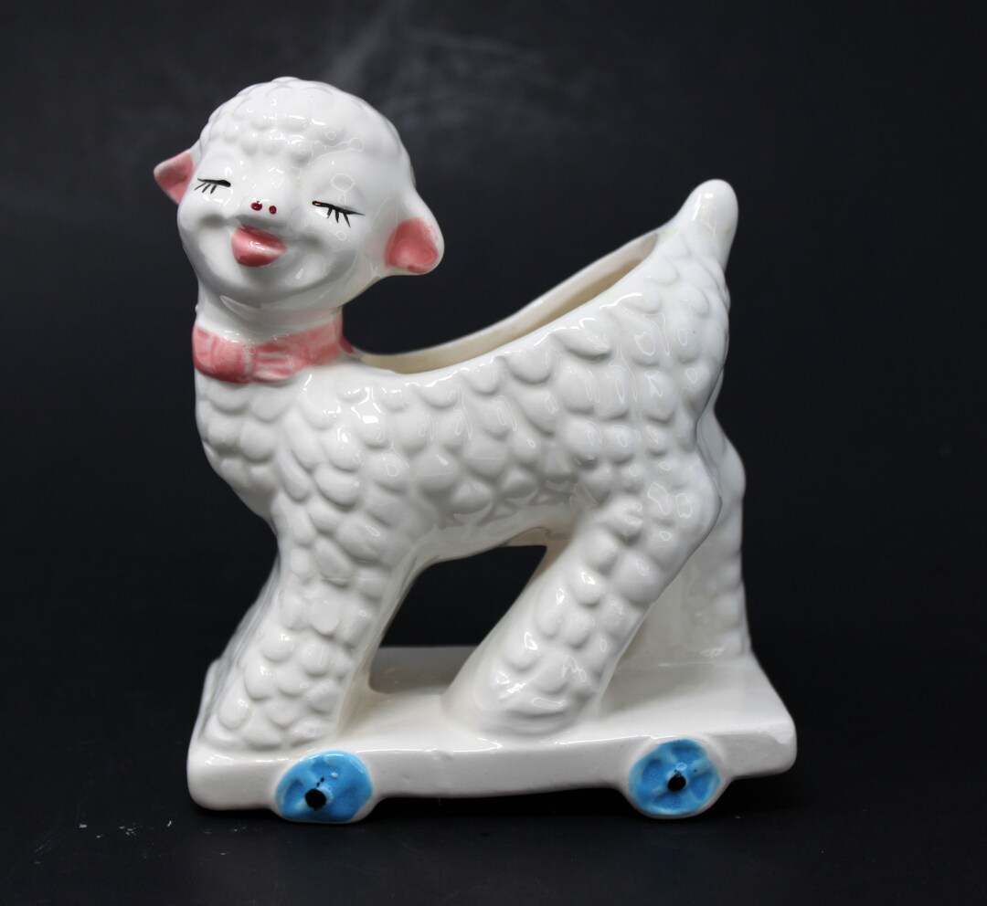 Vintage Ceramic Lamb Sheep on Wheels Planter - Etsy