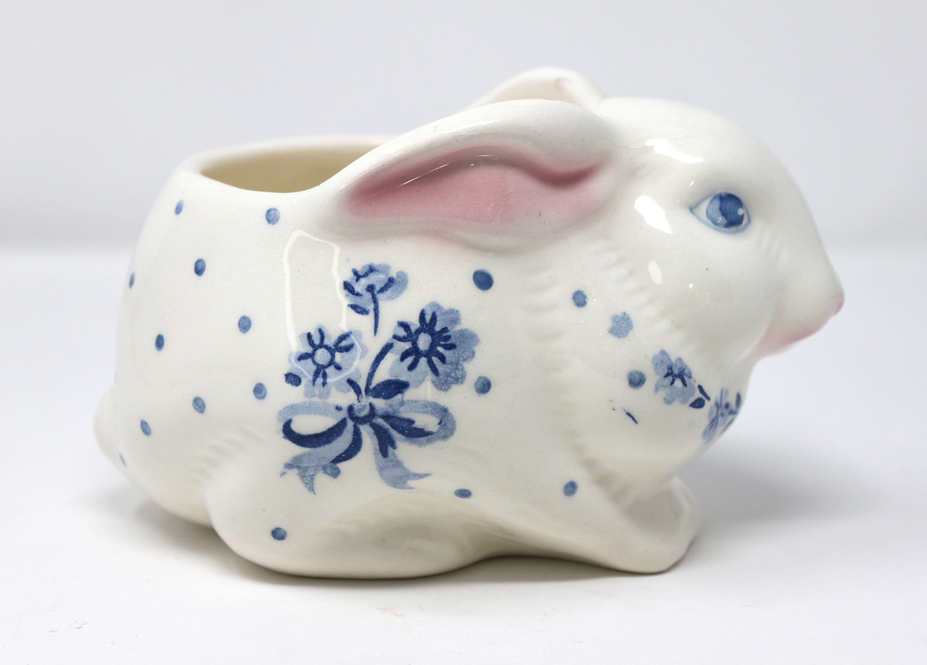 Vintage Ceramic Bunny Planter With Pink Ears, Blue Flowers and Blue ...