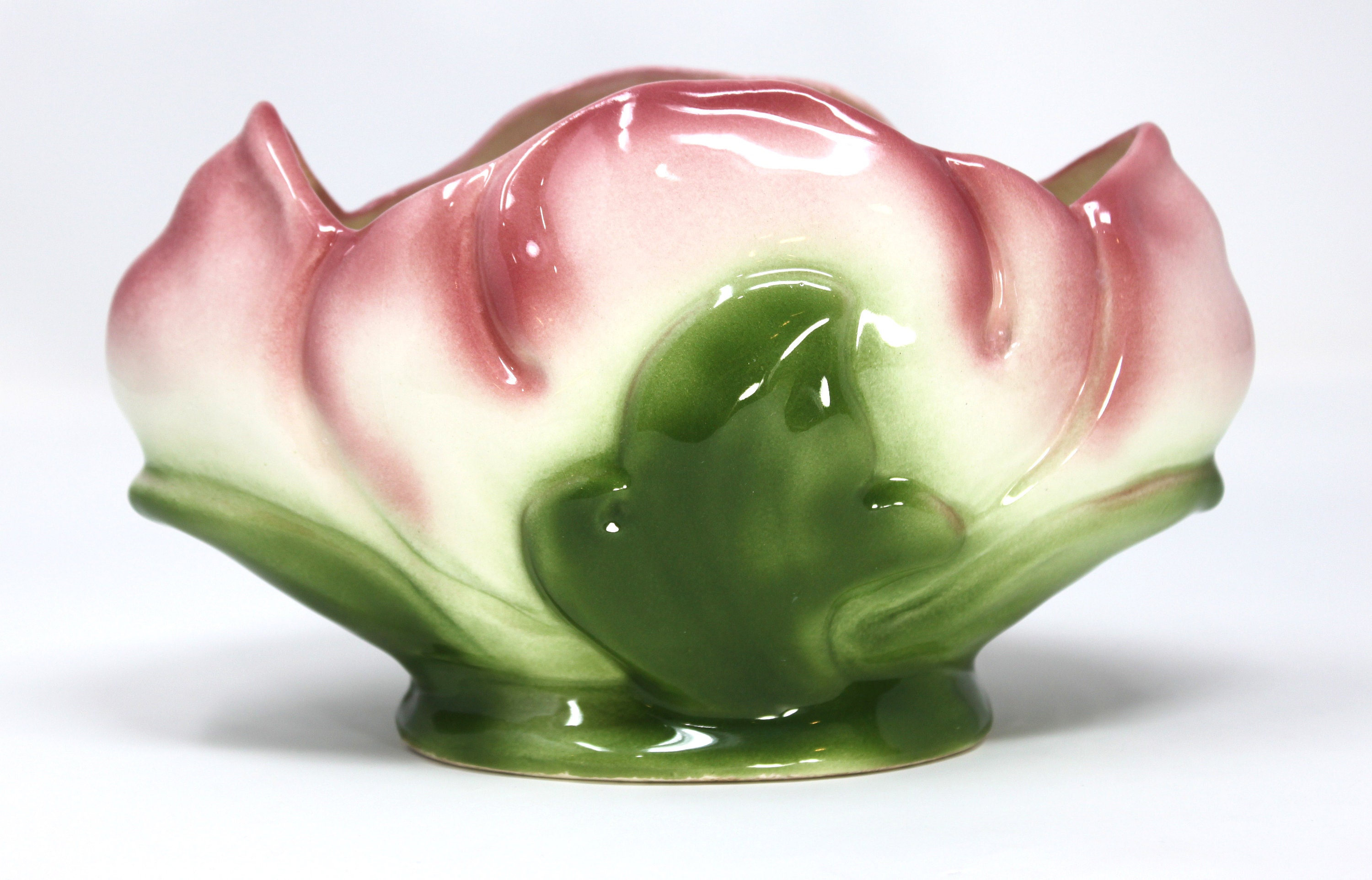 Vintage Oblong Soft Pink Ceramic Rosebud Planter Green Leaves - Etsy