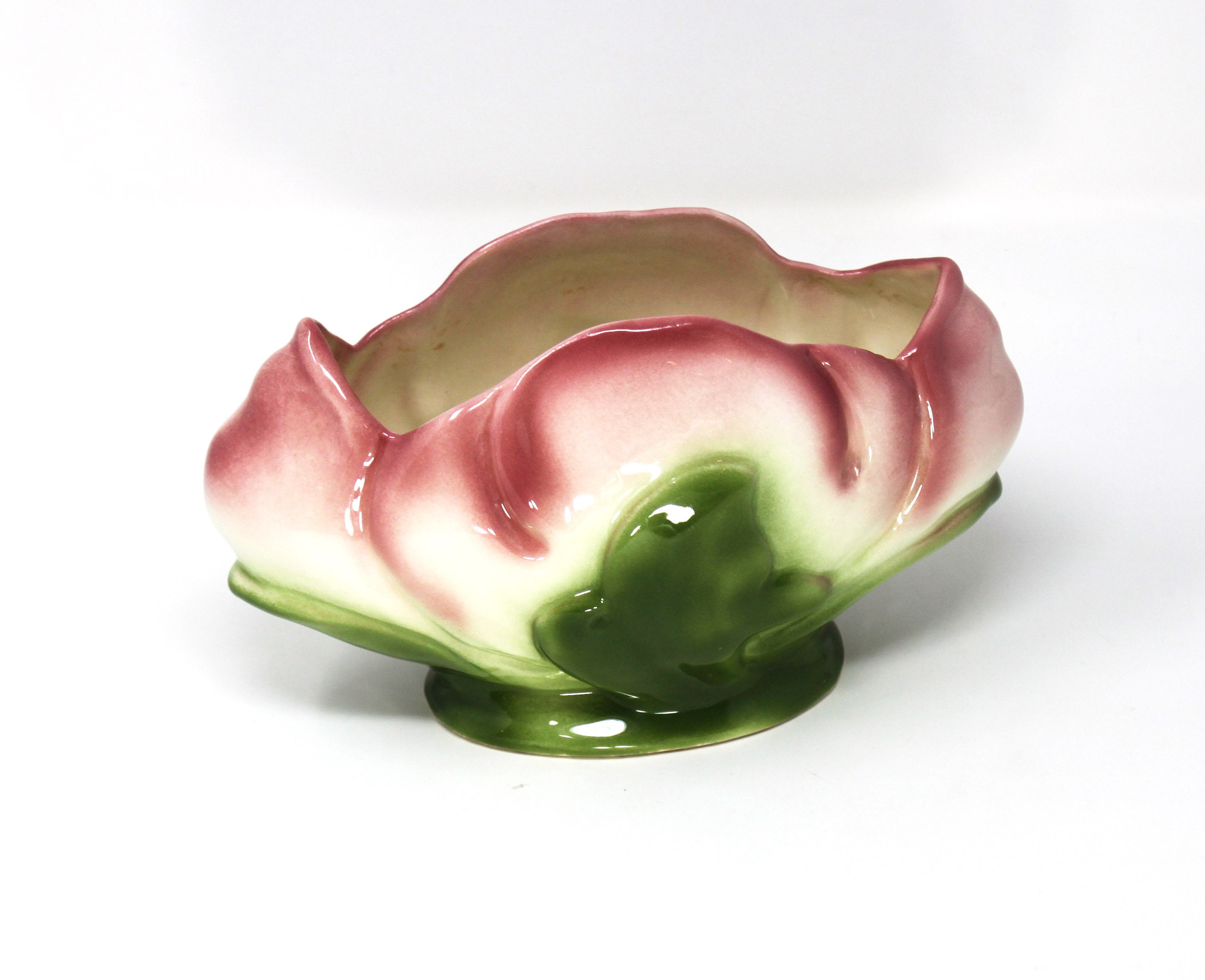 Vintage Oblong Soft Pink Ceramic Rosebud Planter Green Leaves - Etsy