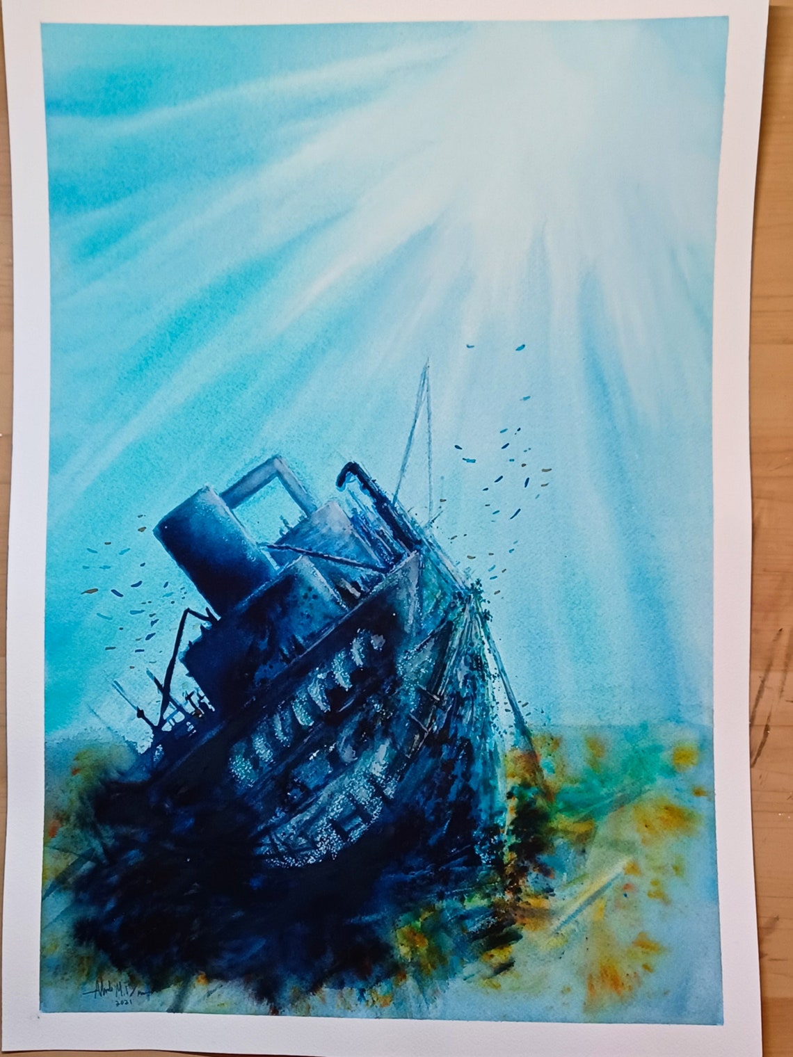 Shipwreck - Original Watercolor Painting, Scuba, Ocean Art, Beach Décor ...