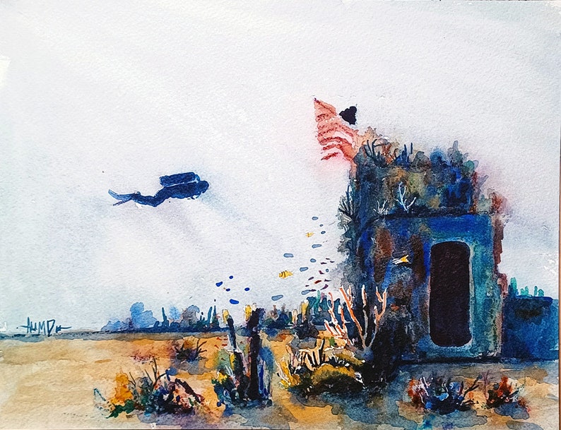 Scuba Wreck - Original Watercolor Painting, Duane Wreck, Key Largo ...
