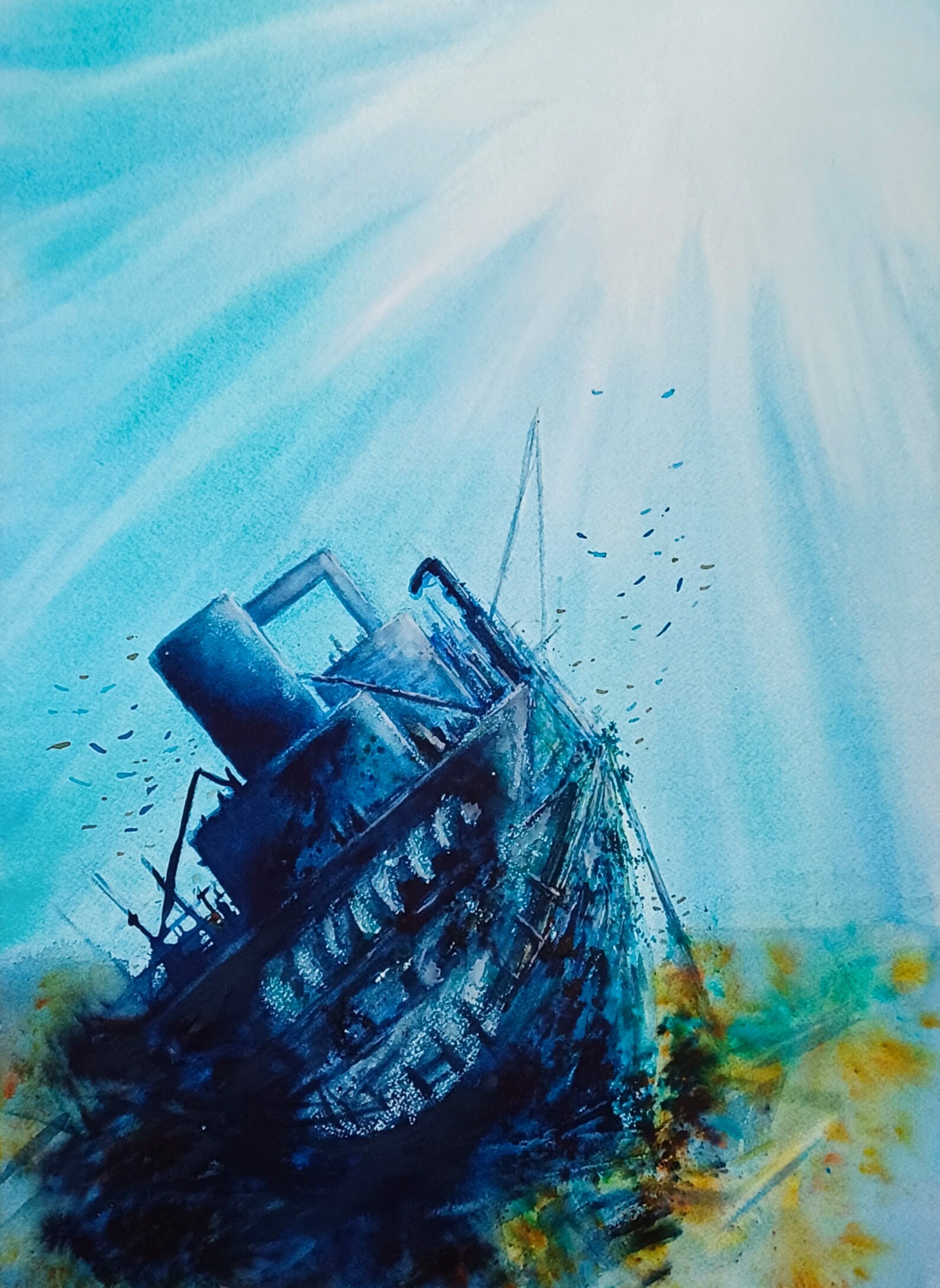 Shipwreck - Original Watercolor Painting, Scuba, Ocean Art, Beach Décor ...
