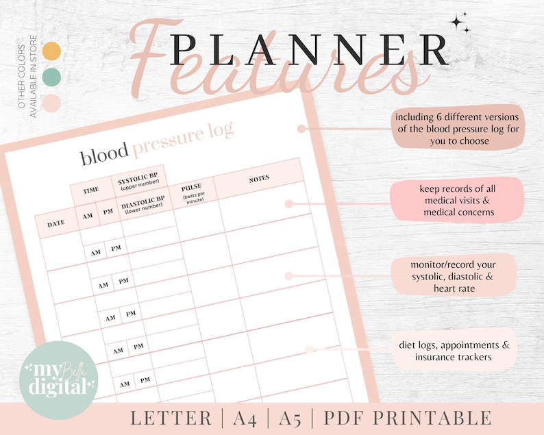 Blood Pressure Log, Medical Tracker, Blood Sugar Log, Blood Pressure ...