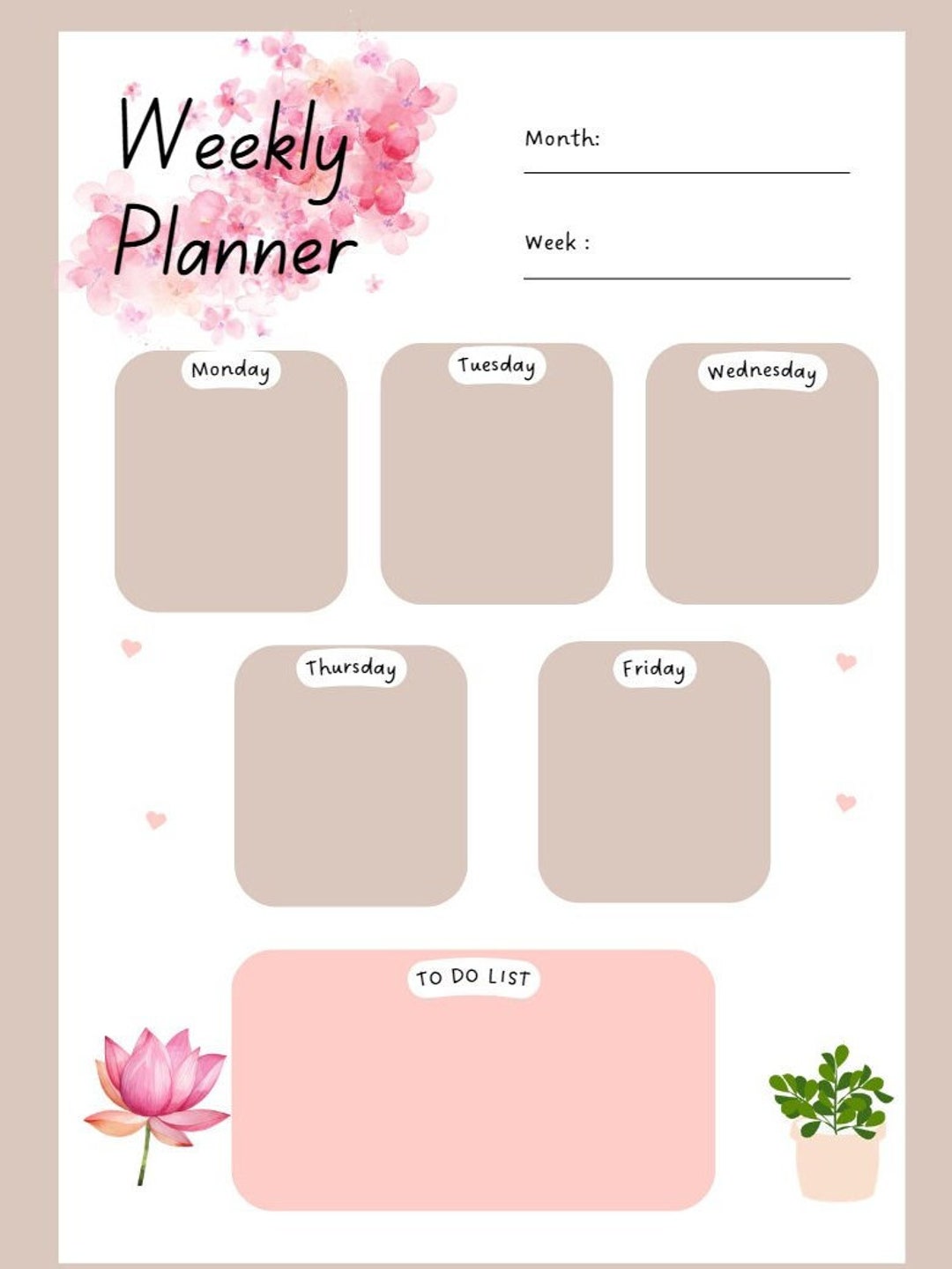 5 Day Weekly Planner Pink & Brown *EDITABLE* - Etsy