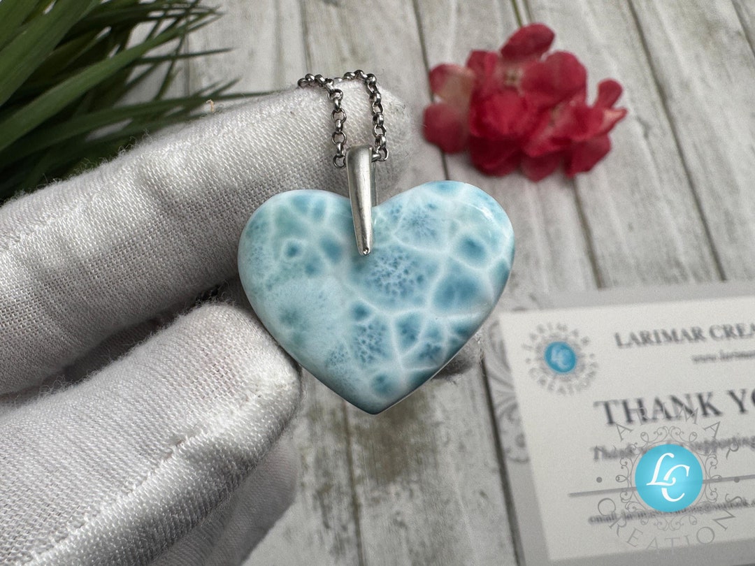 Larimar Heart Pendant Necklace, Sterling Silver Chain, Caribbean Blue ...
