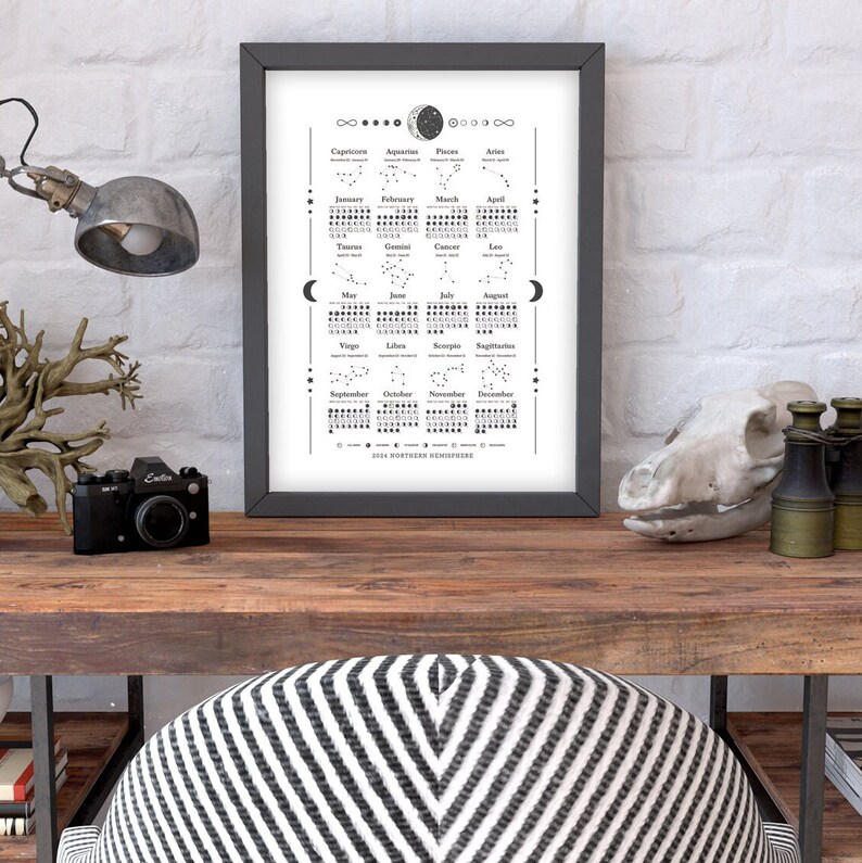 2024 Moon Phase Calendar Monochrome Poster Art Printable PDF Digital ...