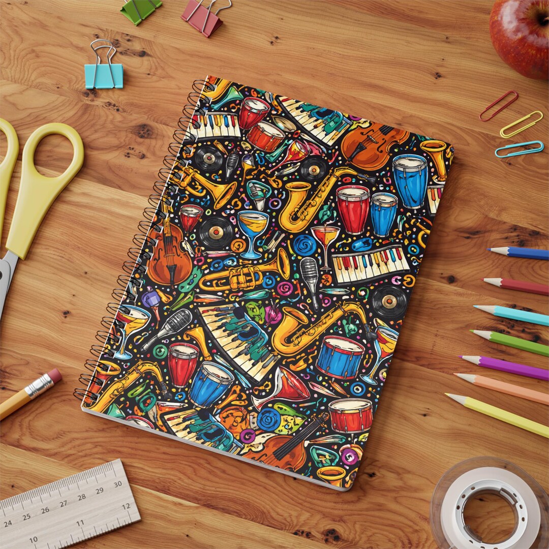 Colourful Jazz Musical Instruments Pattern Notebook, Wirebound ...