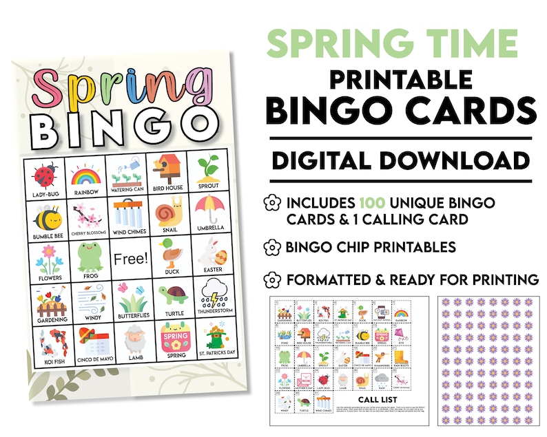 DIGITAL DOWNLOAD - 100 Spring Printable Bingo Cards Includes Calling ...