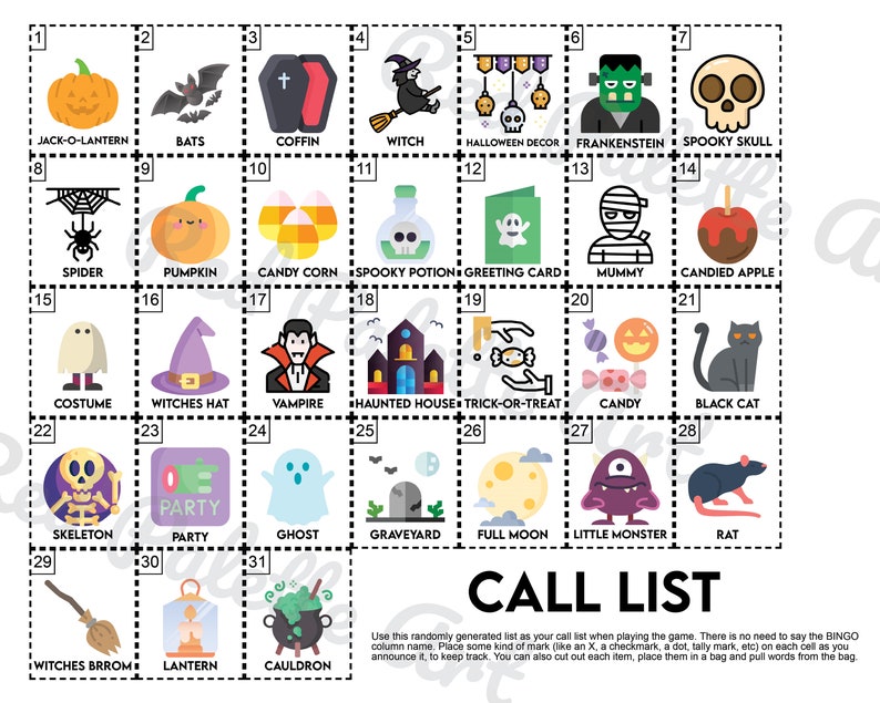 DIGITAL DOWNLOAD 32 Halloween Printable Bingo Cards Includes Calling ...