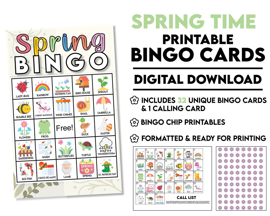 DIGITAL DOWNLOAD - 32 Spring Printable Bingo Cards Includes Calling ...