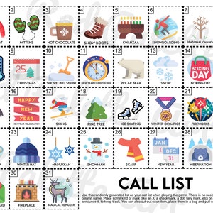 DIGITAL DOWNLOAD 32 Winter Printable Bingo Cards Includes Calling Card ...