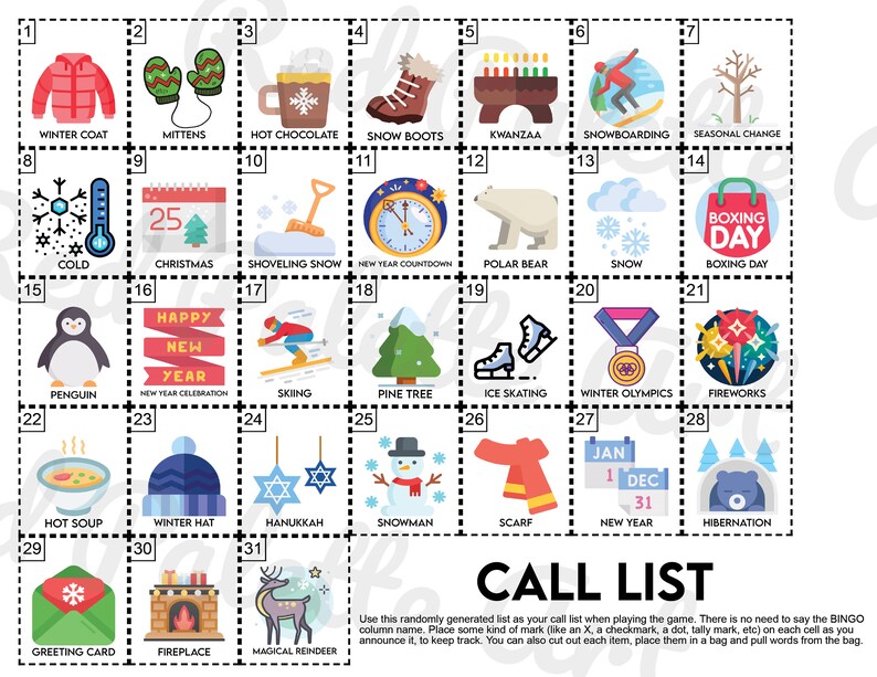 DIGITAL DOWNLOAD 32 Winter Printable Bingo Cards Includes Calling Card ...