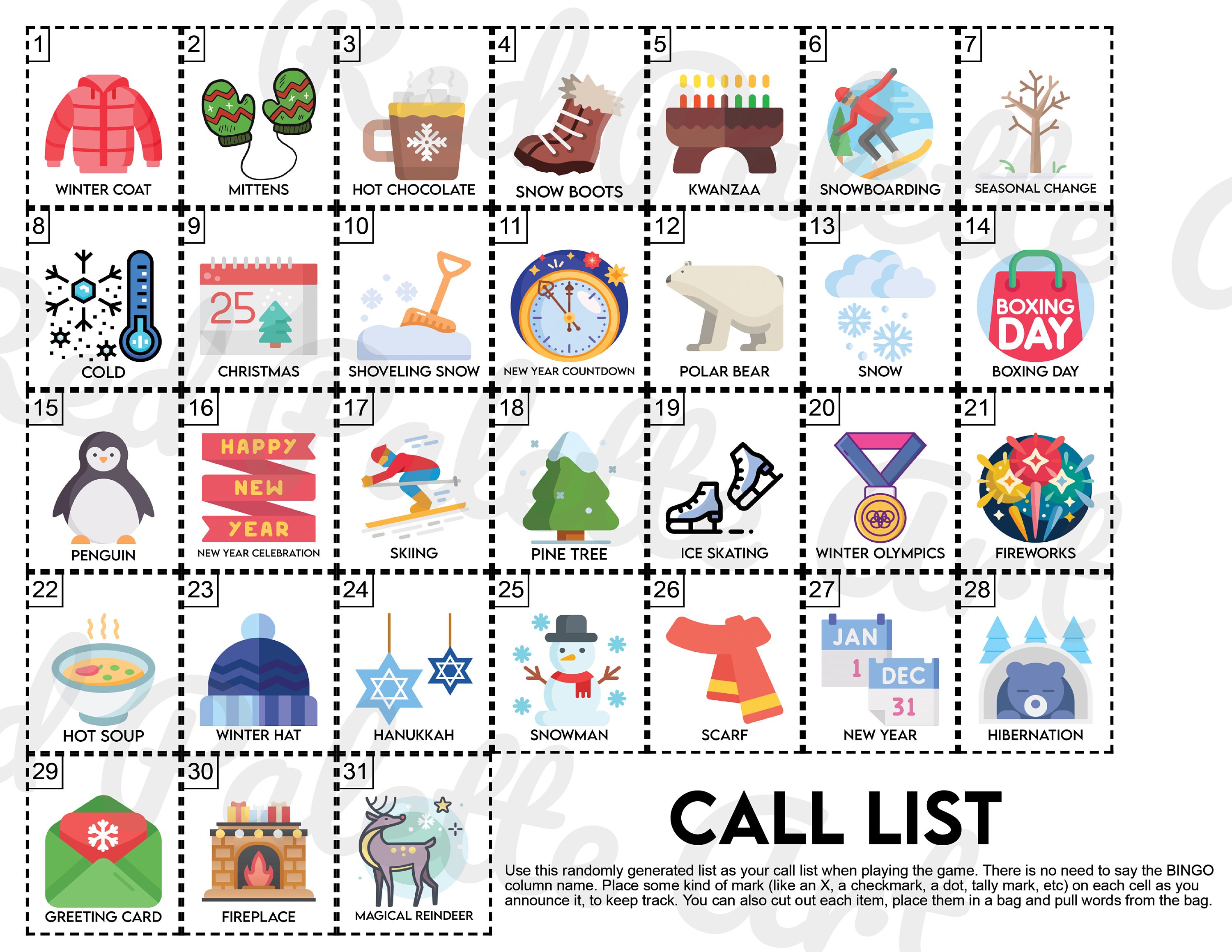 DIGITAL DOWNLOAD 32 Winter Printable Bingo Cards Includes Calling Card ...