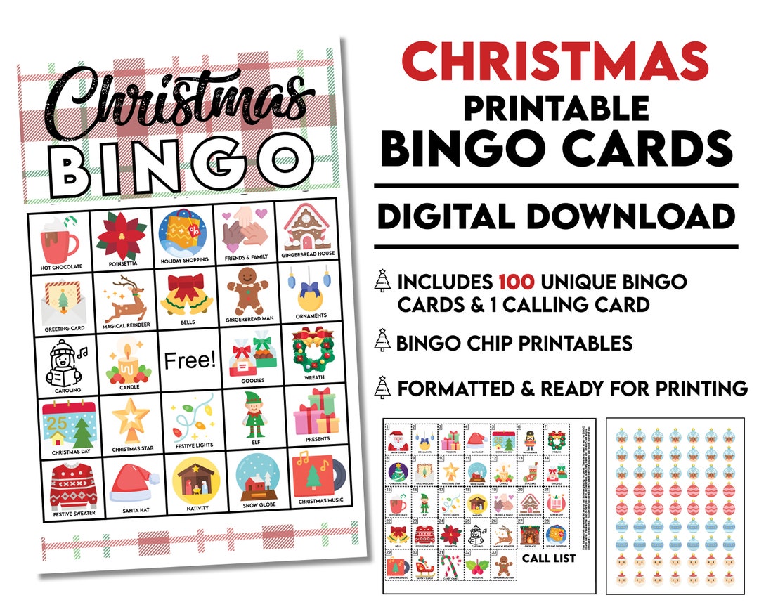 DIGITAL DOWNLOAD 100 Christmas Printable Bingo Cards Includes Calling ...