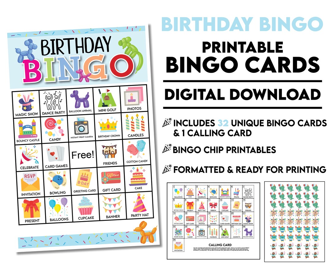 DIGITAL DOWNLOAD - Birthday 32 Bingo Cards - Includes Calling Card ...