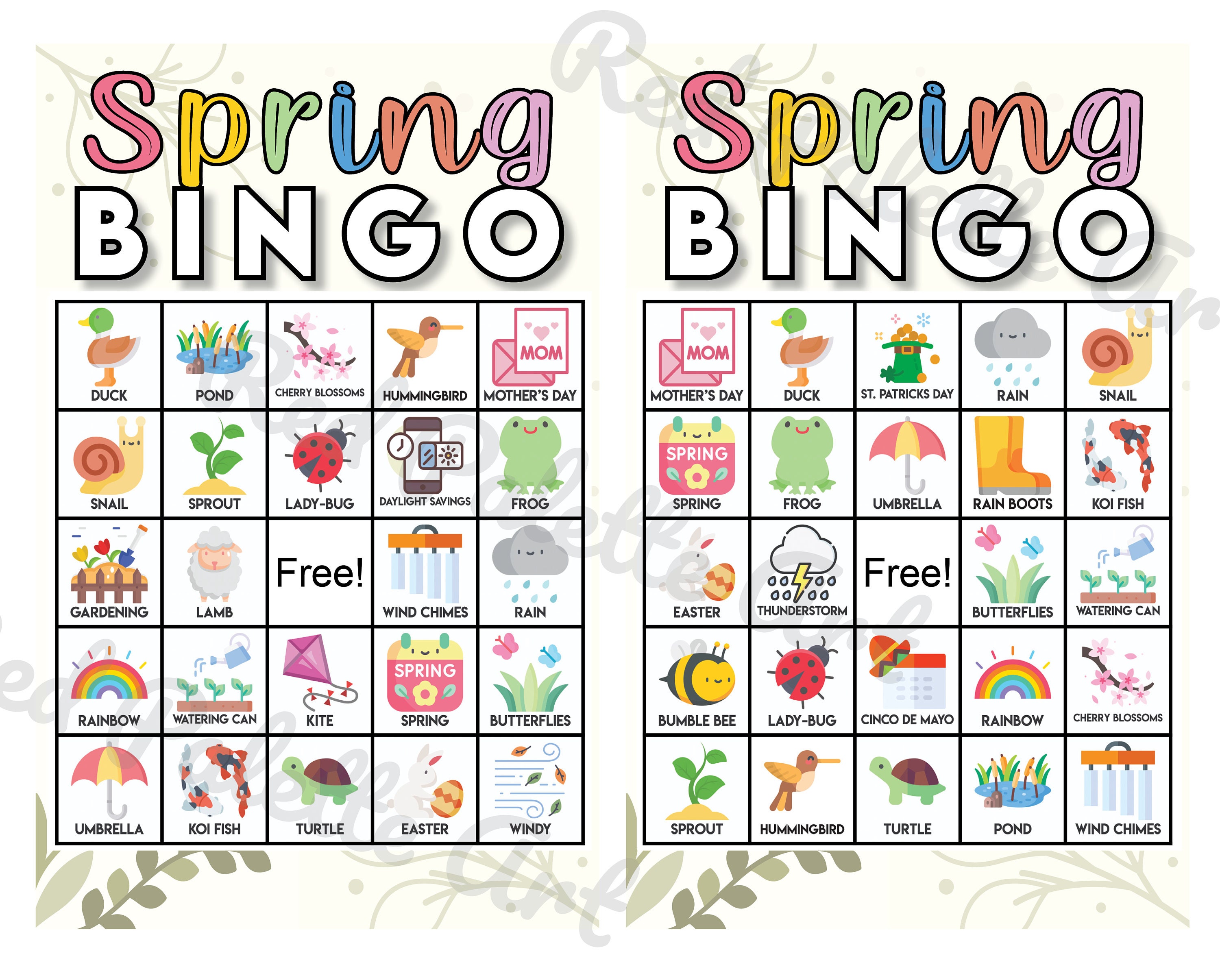 DIGITAL DOWNLOAD - 32 Spring Printable Bingo Cards Includes Calling ...