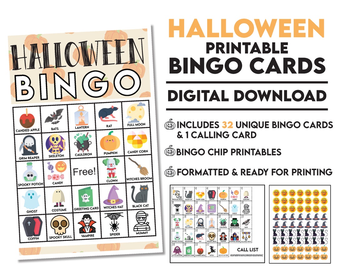 DIGITAL DOWNLOAD 32 Halloween Printable Bingo Cards Includes Calling ...