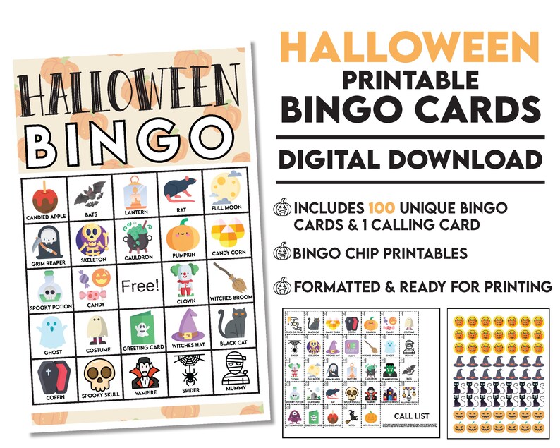 DIGITAL DOWNLOAD 100 Halloween Printable Bingo Cards Includes Calling ...