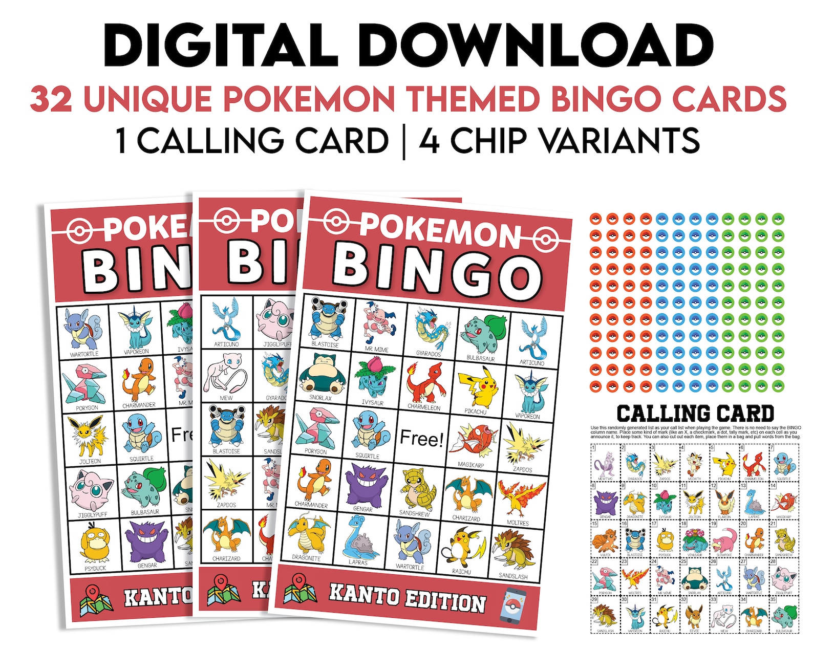 DIGITAL DOWNLOAD - Poket Mon Inspired 32 Bingo Cards - Includes Calling ...