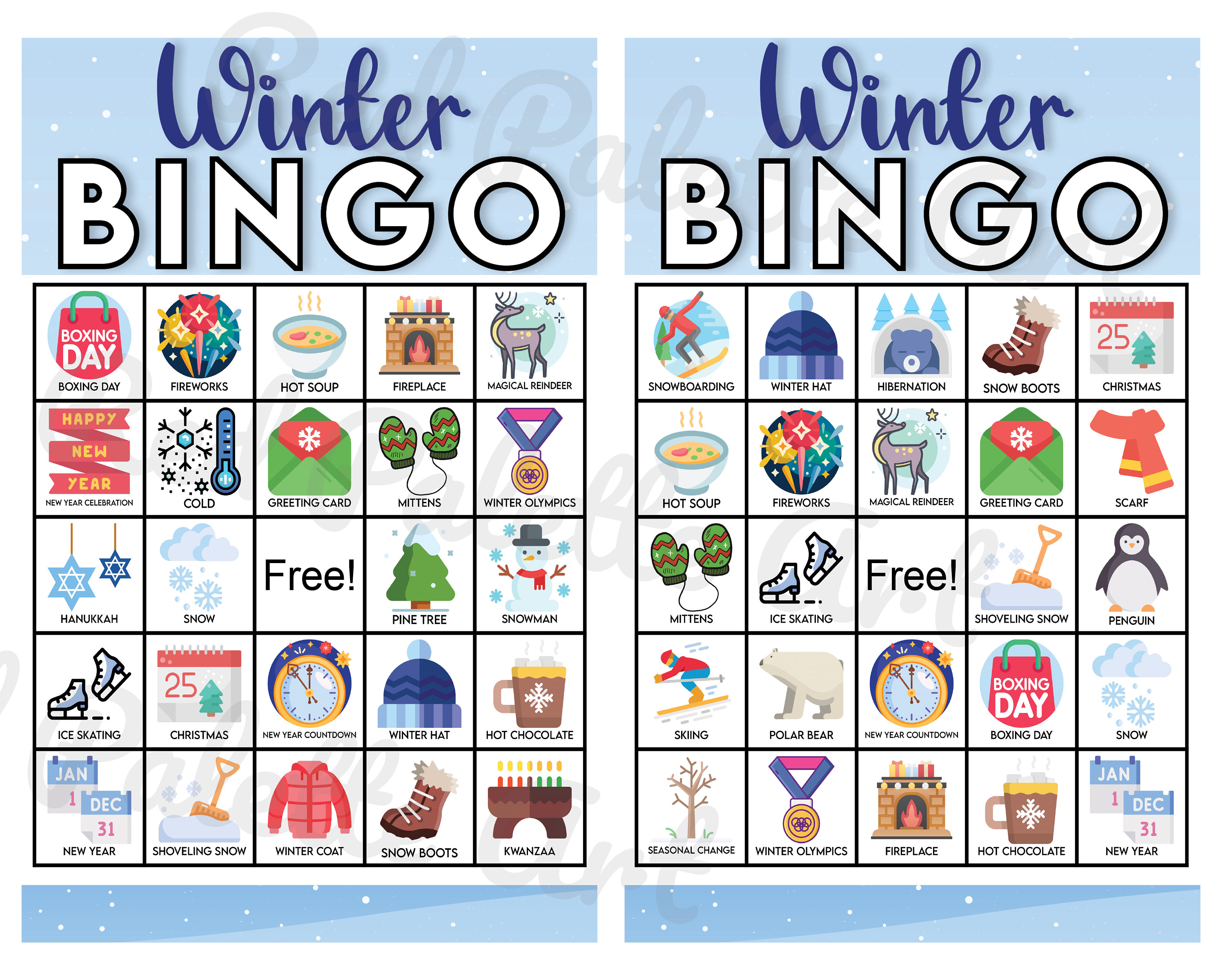 DIGITAL DOWNLOAD 32 Winter Printable Bingo Cards Includes Calling Card ...