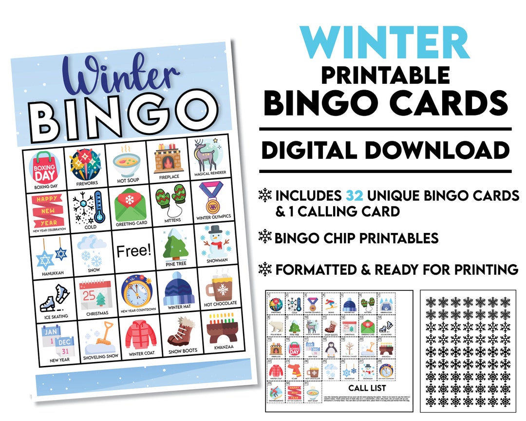 DIGITAL DOWNLOAD 32 Winter Printable Bingo Cards Includes Calling Card ...