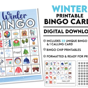 DIGITAL DOWNLOAD 32 Winter Printable Bingo Cards Includes Calling Card ...