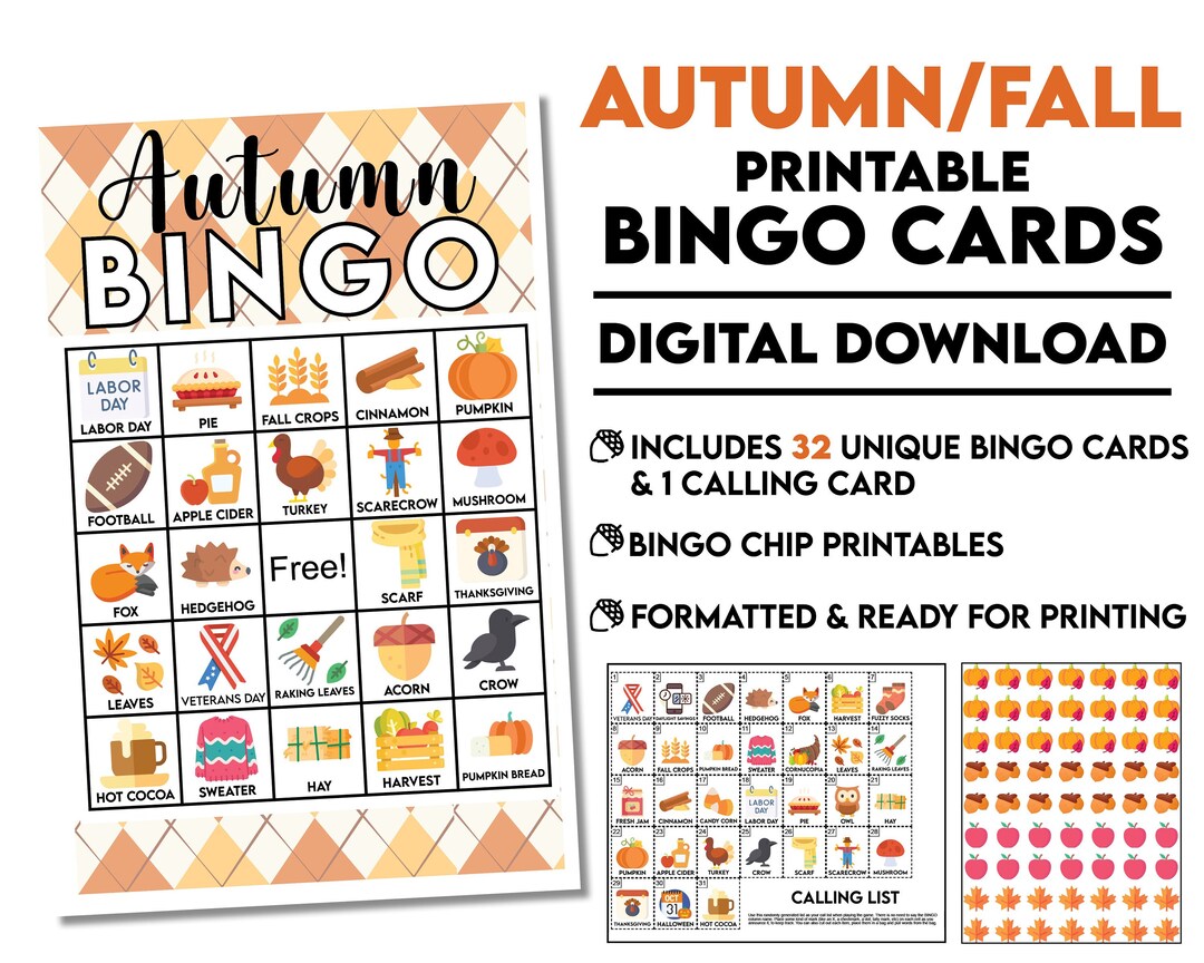 DIGITAL DOWNLOAD 32 Autumn Fall Printable Bingo Cards Includes Calling ...
