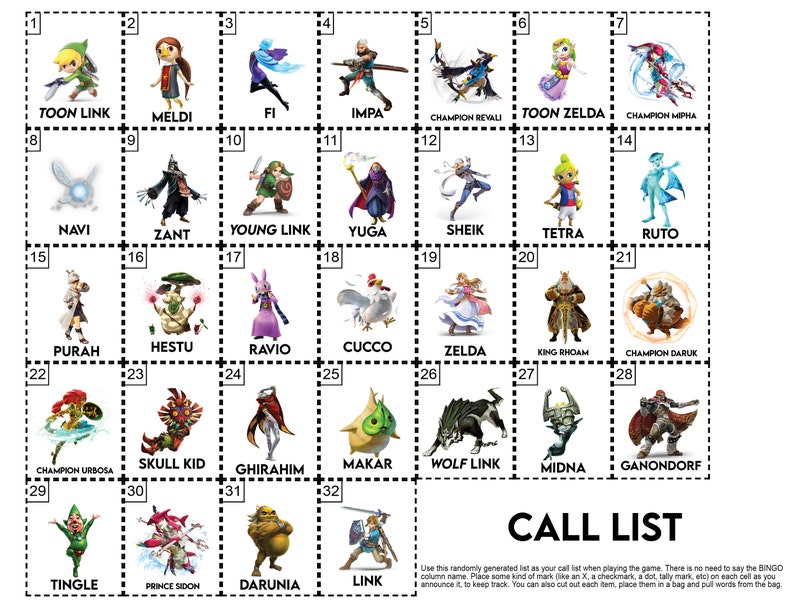 DIGITAL DOWNLOAD ZELDA (the Legend of Zelda) Printable Bingo Cards ...