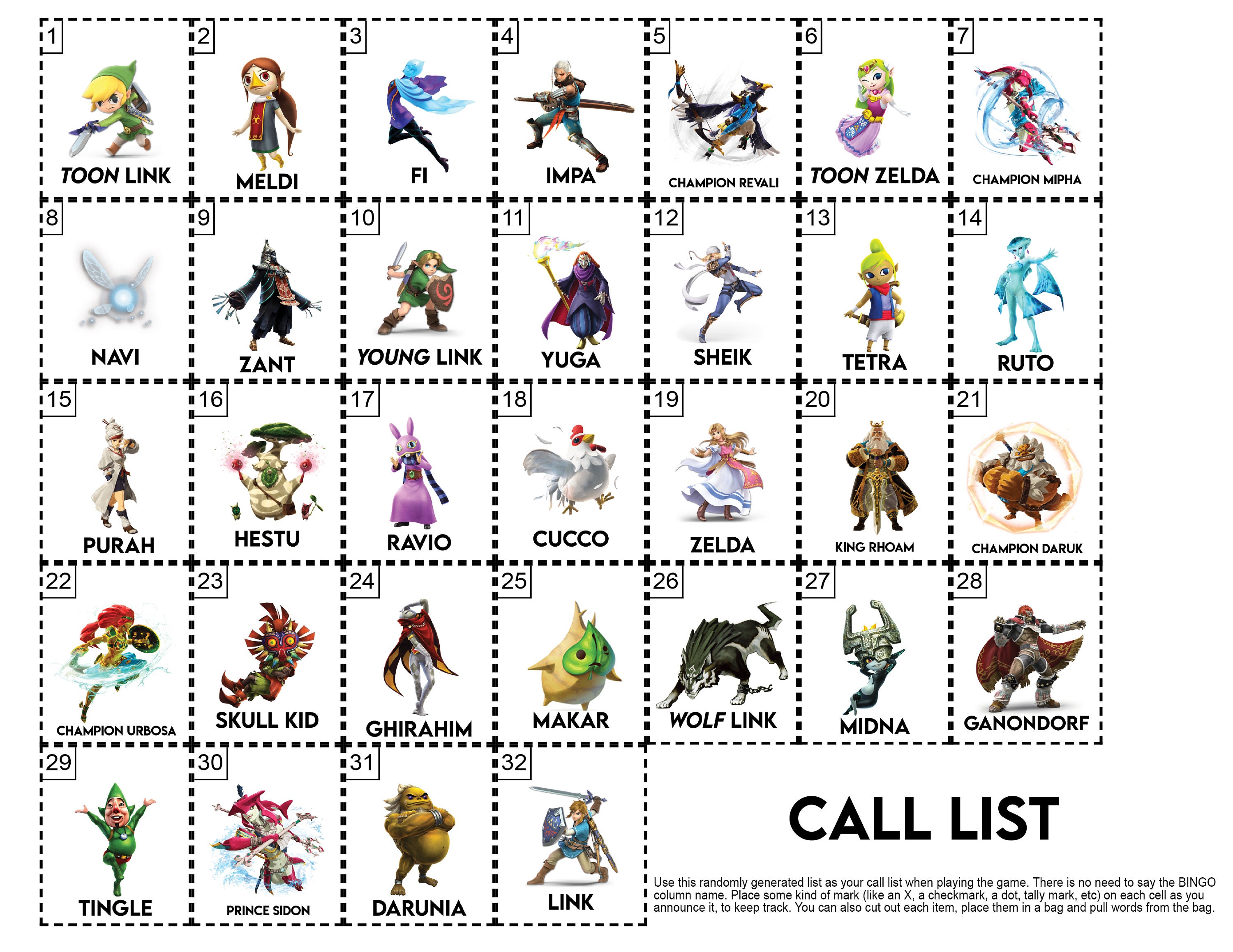 DIGITAL DOWNLOAD ZELDA (the Legend of Zelda) Printable Bingo Cards ...