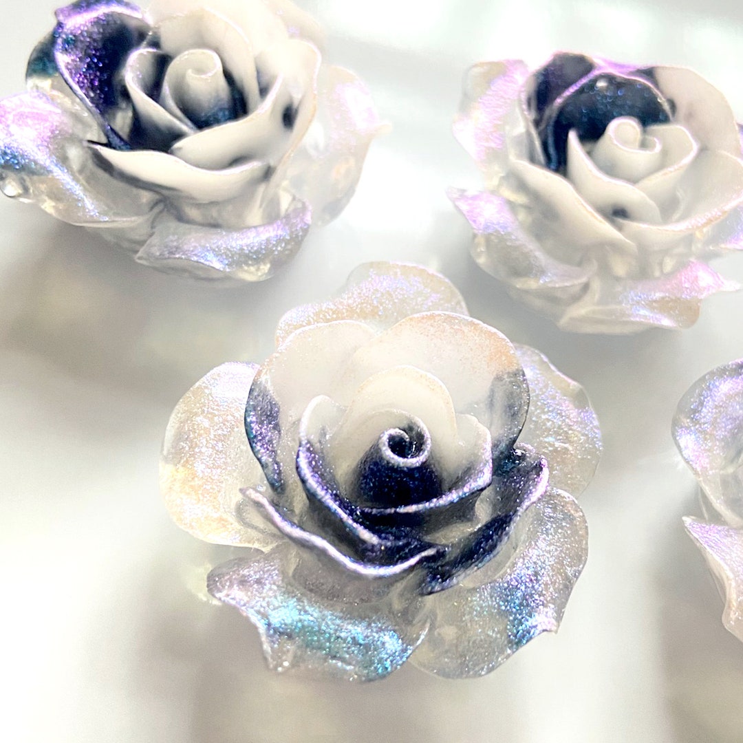 Blue and White Shimmer Rose Magnets, Flower Fridge Magnets, Iridescent ...