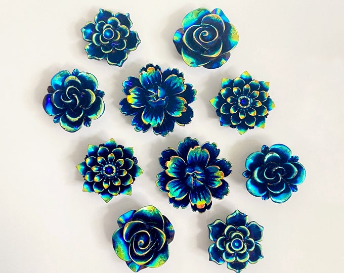 Iridescent Blue Flower Fridge Magnets, Set of 10 Pretty Magnets, Blue ...