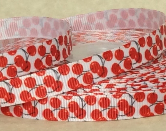 Tiny Cherries on White - 3/8" - Printed Grosgrain Ribbon - Food & Fruit ...