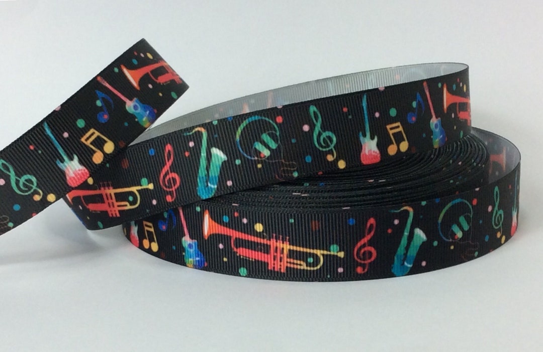 Colorful Instruments on Black - 7/8" - Printed Grosgrain Ribbon ...