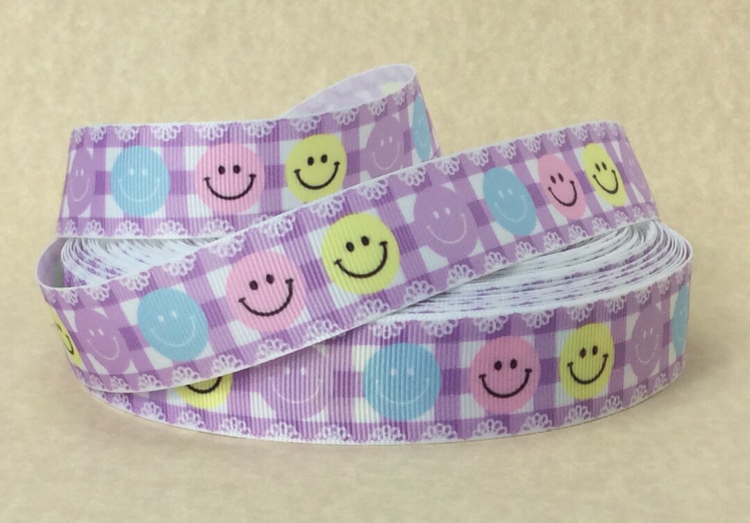 Smiley Faces on Lilac - 1" - Printed Grosgrain Ribbon - Etsy