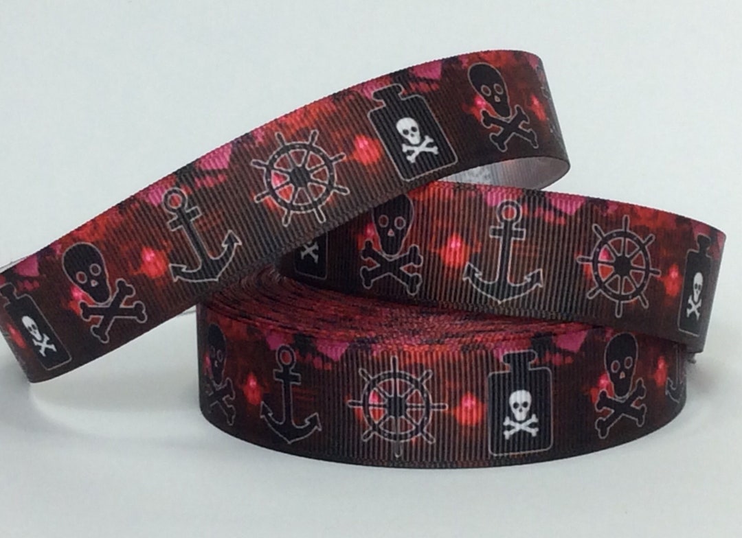 Pirate Symbols on Burgundy - 7/8" - Printed Grosgrain Ribbon - Nautical ...